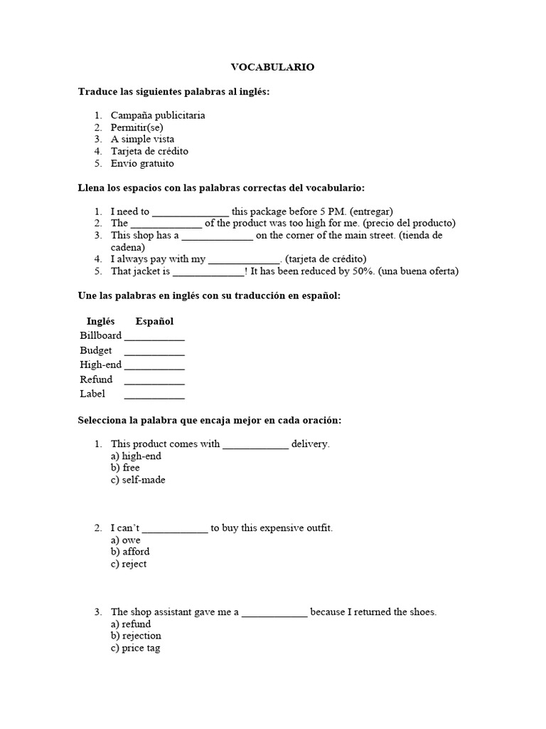 Vocabulario Compras | PDF