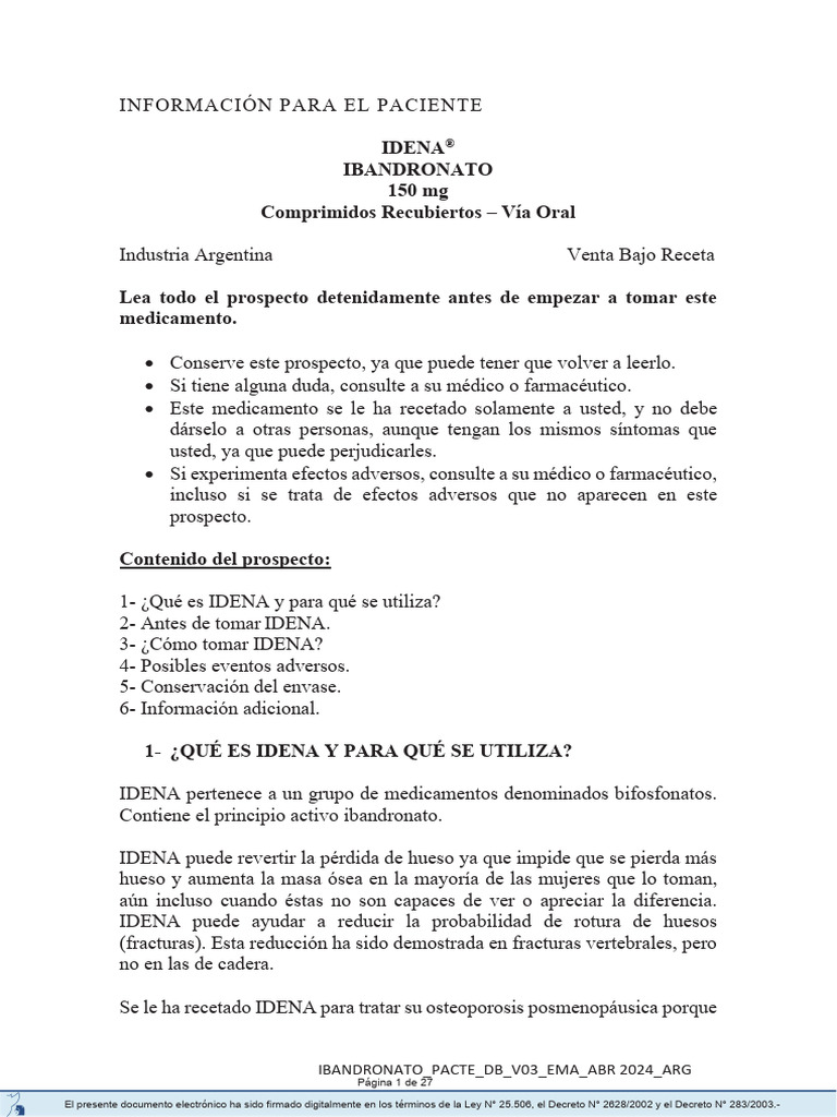 Uso y Precauciones de IDENA 150 mg | PDF | Osteoporosis ...