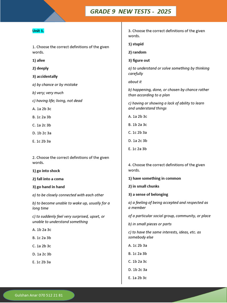 Grade 9 Vocabulary Definition Tests | PDF