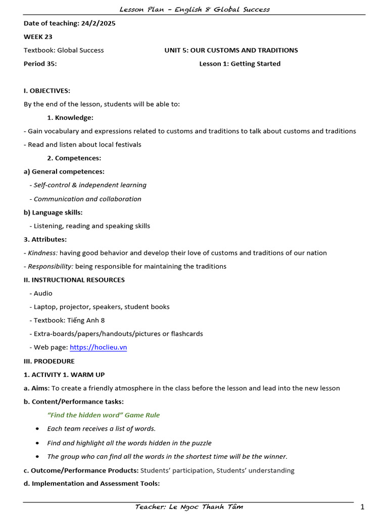 NVSP - Lesson Plan THCS - THDH | PDF | Lesson Plan | Learning