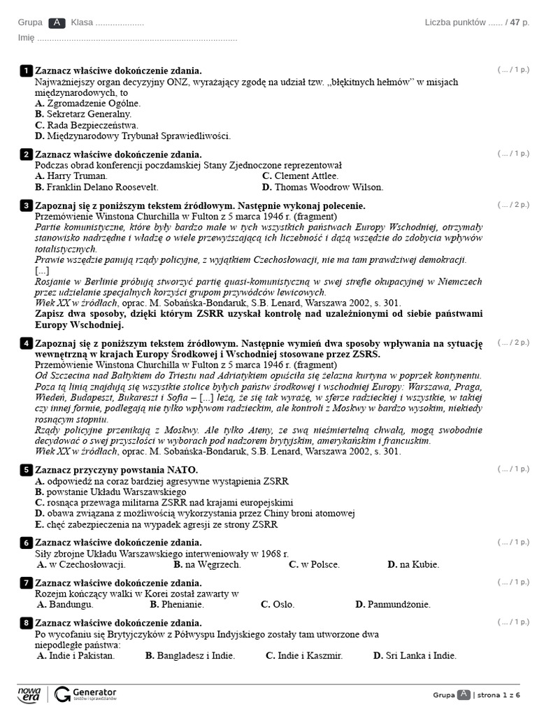 Świat Podczas Zimnej Wojny Test (Z Widoczną Punktacją) | PDF
