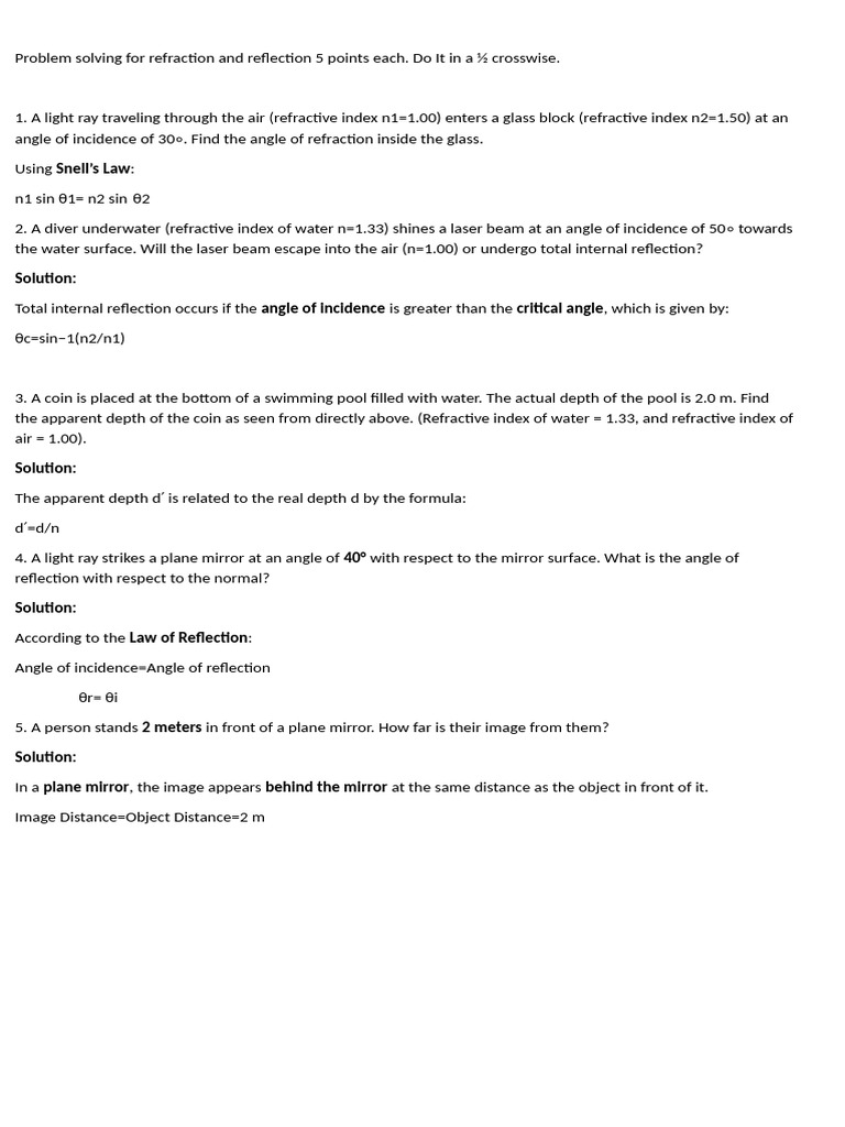 Problem Solving For Refraction and Reflection | PDF