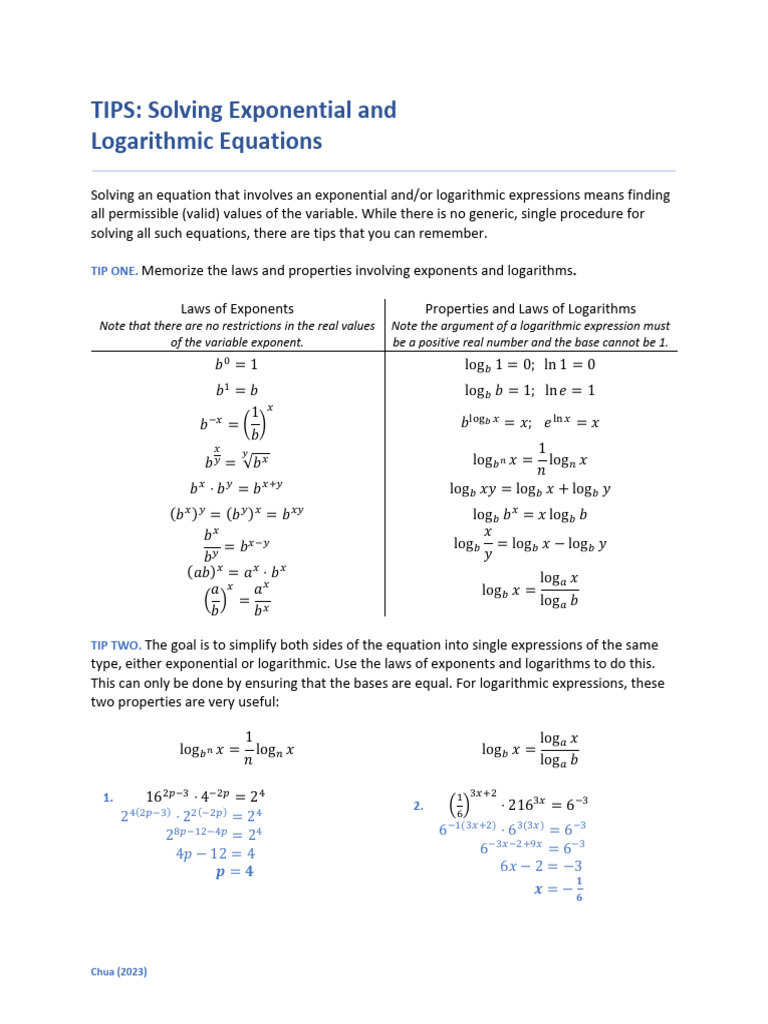 TIPS Exponential and Logarithmic Equations With Solutions | PDF | Logarithm | Exponentiation