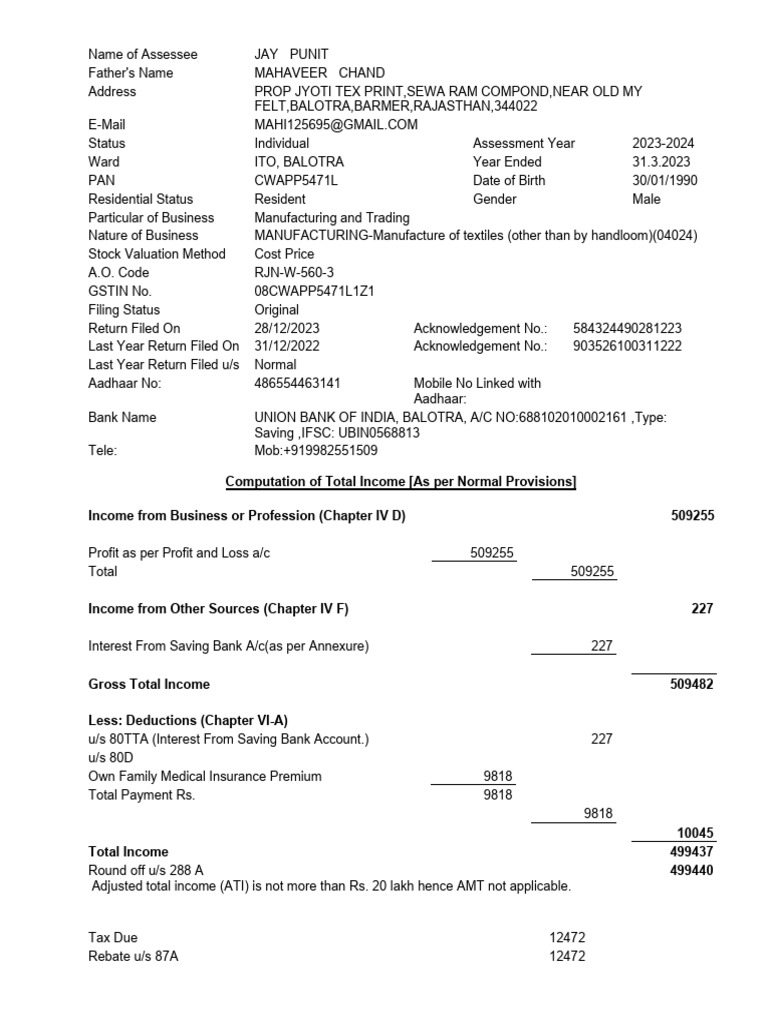 Jay Punit Computation - Ay 2023-24 | PDF | Taxes | Value Added Tax