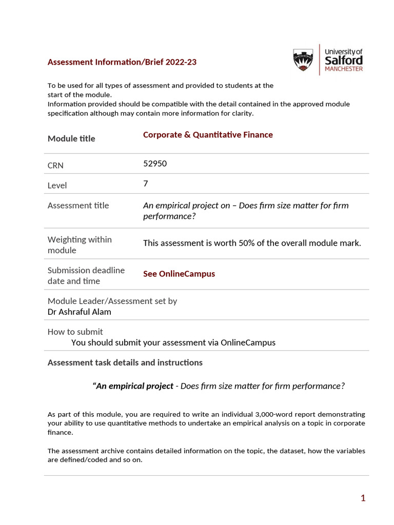 52950 Assessment 2 Brief-form for CQF S1 2022-23 | PDF | Critical Thinking | Econometrics