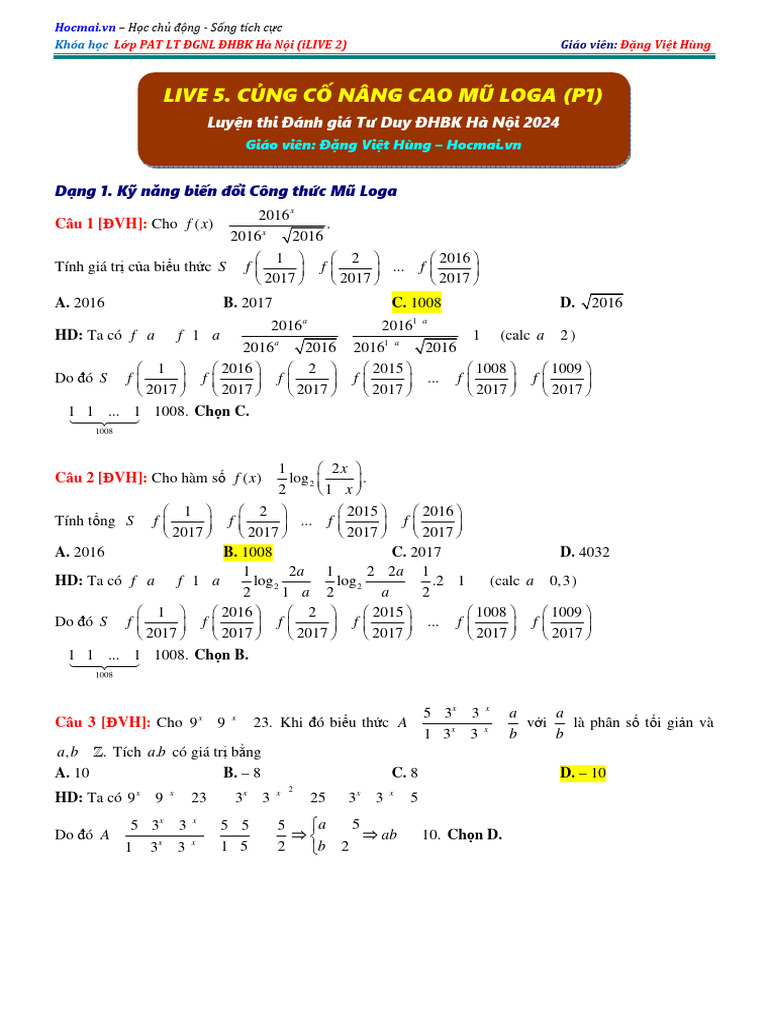 LIVE 5 - CỦNG CỐ NÂNG CAO MŨ LOGA - PHẦN 1 | PDF