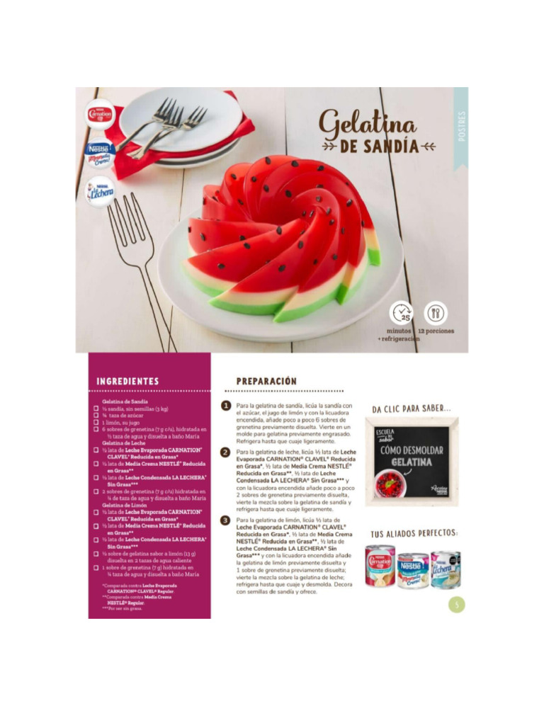Receta - Postre Sin Horno - Gelatina de Sandía | PDF