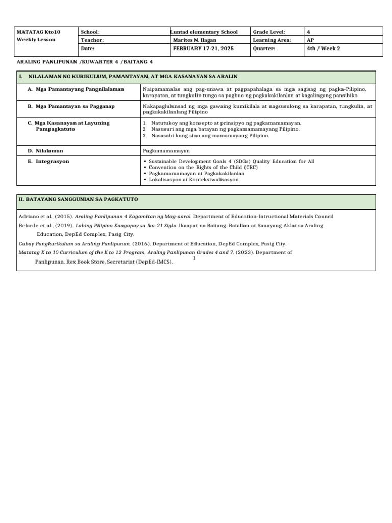 Ap 4 - DLL - Q4 - Week 2 | PDF