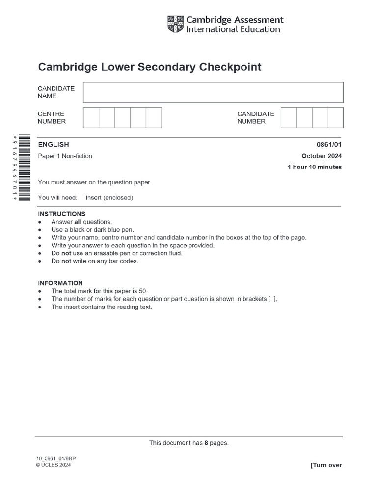 Cambridge Lower Secondary English Checkpoint Exam Paper 1 | PDF