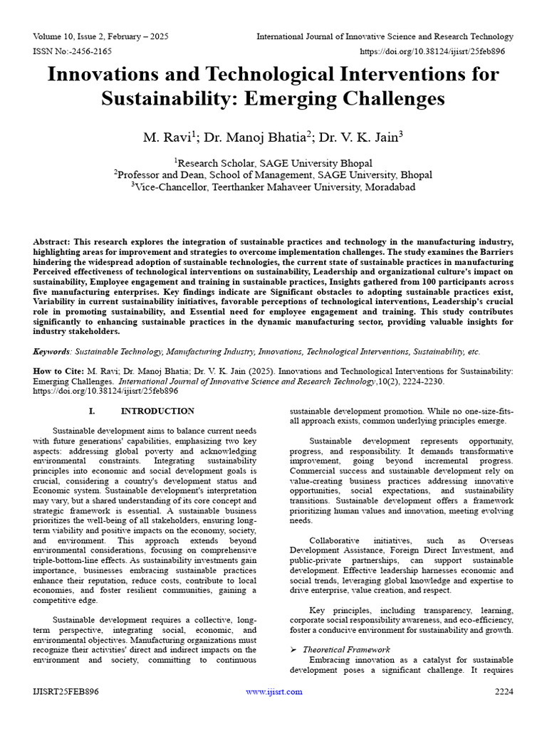Innovations and Technological Interventions For Sustainability ...