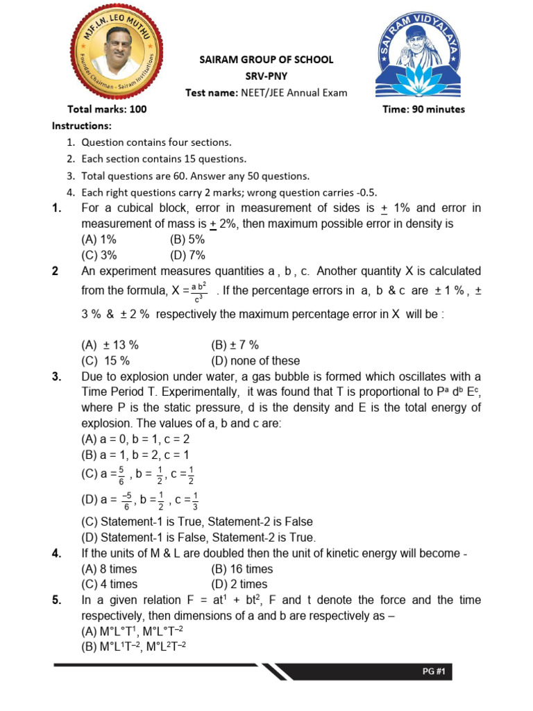 Annual Exam Phy Che Mat | PDF | Physical Sciences | Physical Quantities