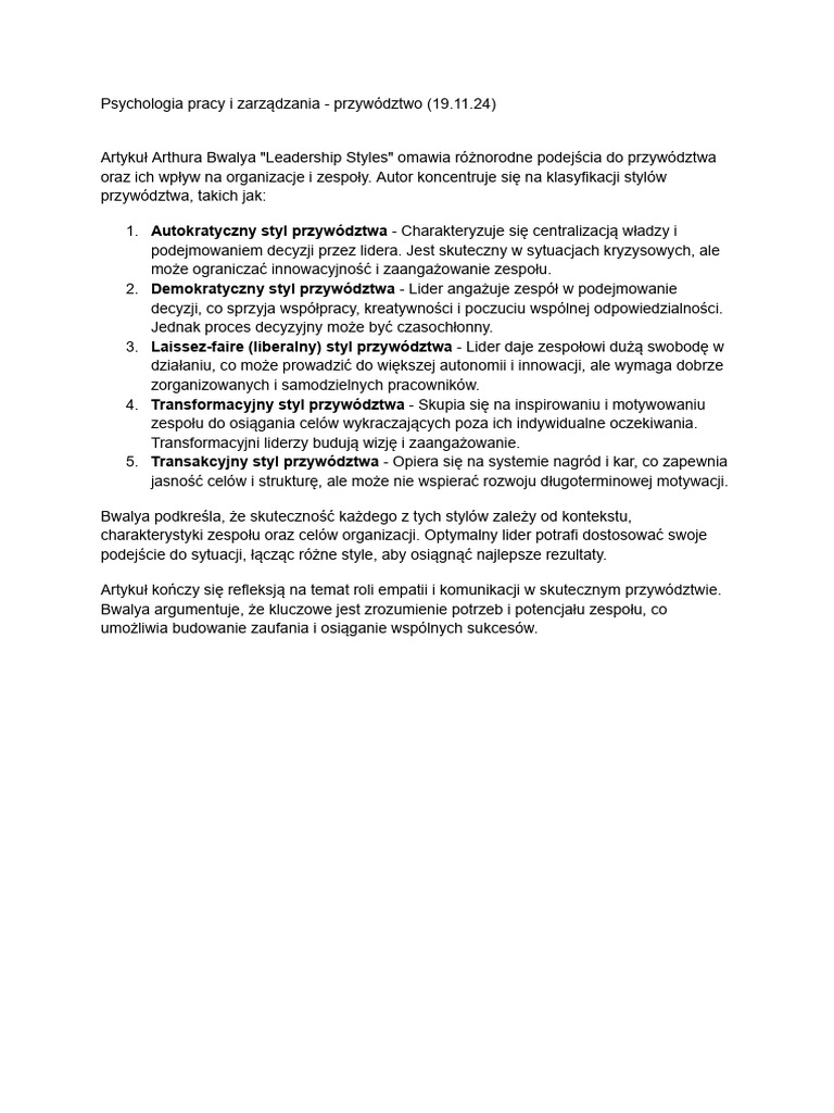 Psychologia Pracy I Zarządzania - Przywództwo | PDF