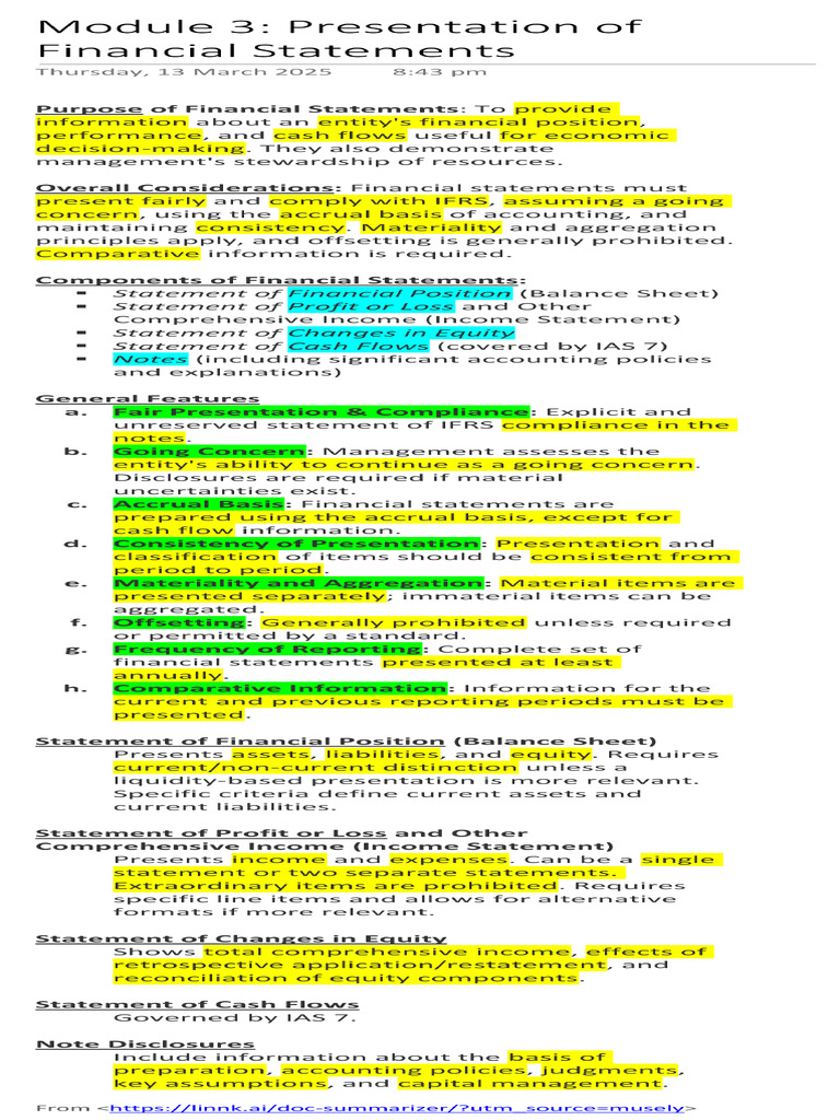 Notes - Module 3 Presentation of Financial Statements | PDF