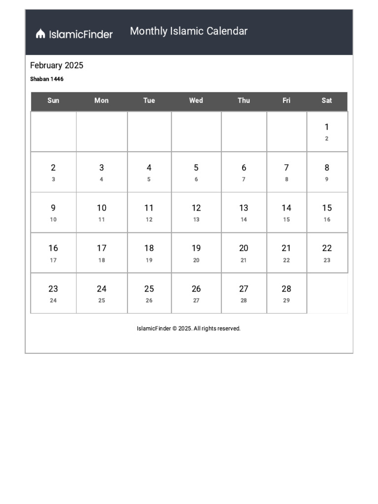 Islamic Calendar for February 2025 | PDF