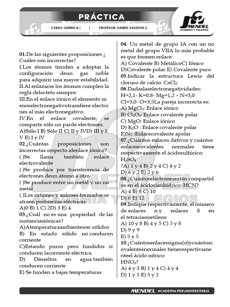 09 - Pract 01 - Semana 09 - Anual - Enlace Quimico i | PDF | Enlace covalente | Enlace químico