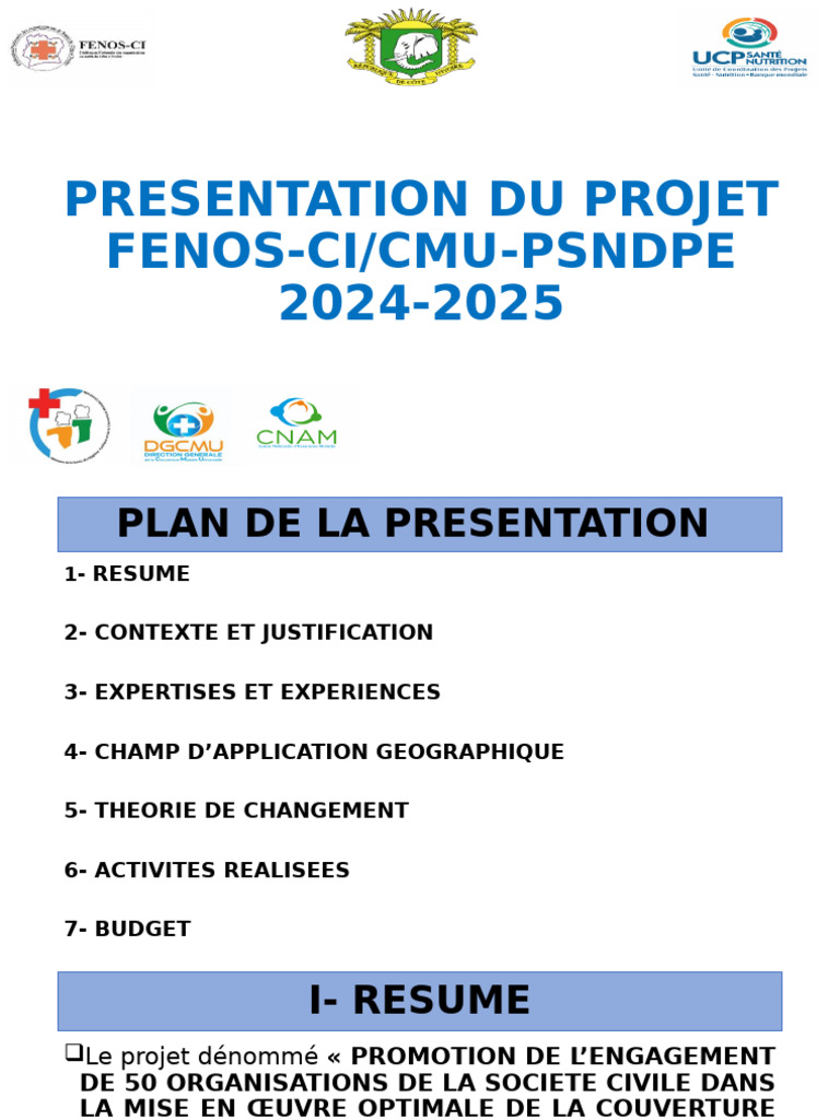 Presentation Du Projet Cmu-Fenos-Ci-Psndpe 2024-2025 | PDF | Côte d'Ivoire | Santé publique