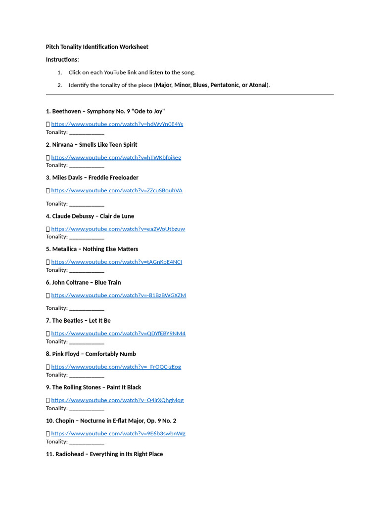 Tonality Identification Worksheet | PDF