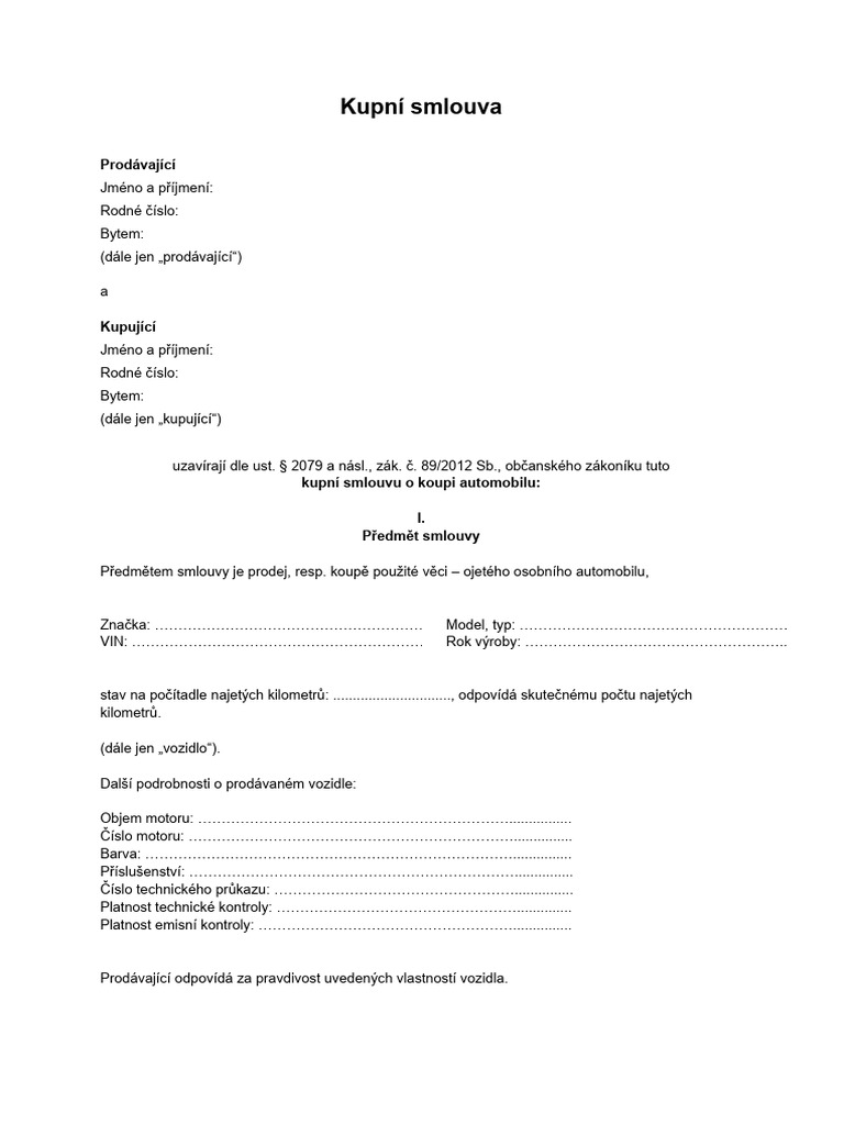 Kupní Smlouva Na Auto_2024 | PDF