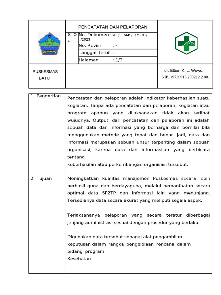 Sop Pencatatan Dan Pelaporan | PDF