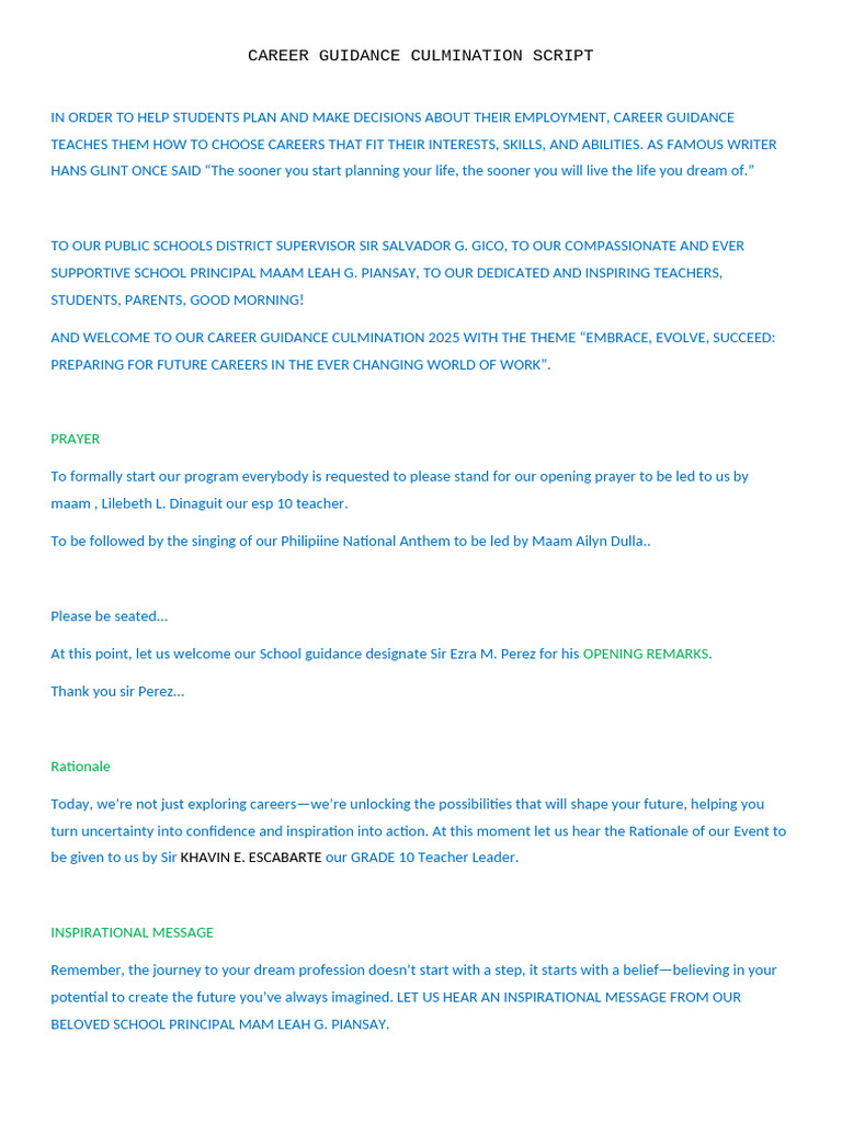 Career Guidance Culmination Script | PDF