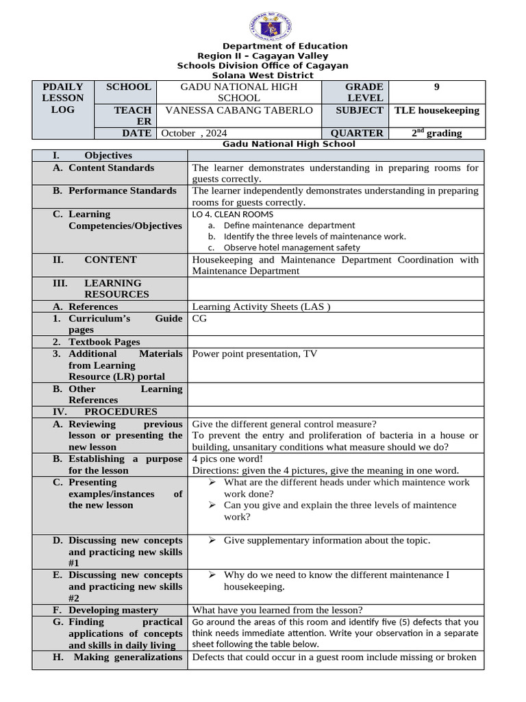 LO4. Ghousekeeping Maintenace | PDF | Learning | Cognition