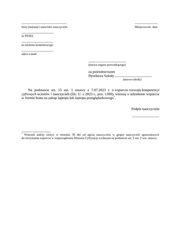 Wzor Wniosku o Bon Na Zakup Laptopa | PDF