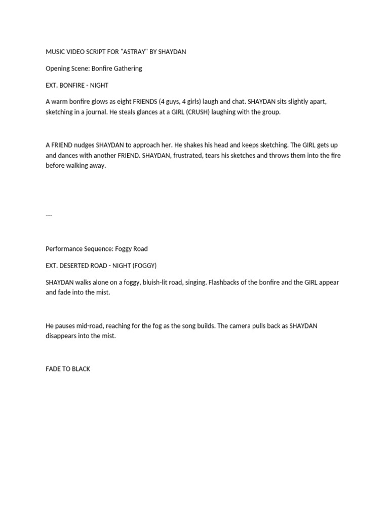 MUSIC VIDEO Treatment- Astray by shaydan | PDF