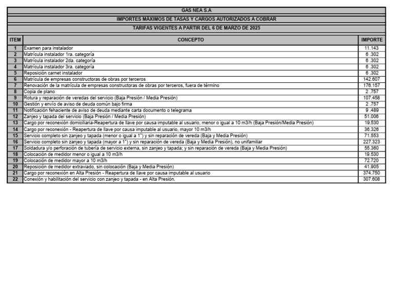 tasas y Cargos Marzo 2025 | PDF
