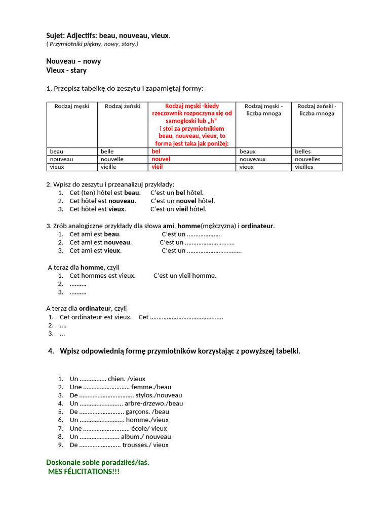 Lekcja - Język Francuski - Beau, Nouveau, Vieux | PDF