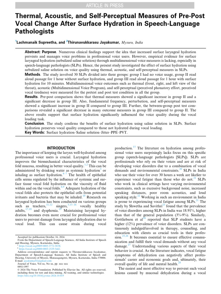 Thermal, Acoustic, and Self-Perceptual Measures of Pre-Post Vocal ...
