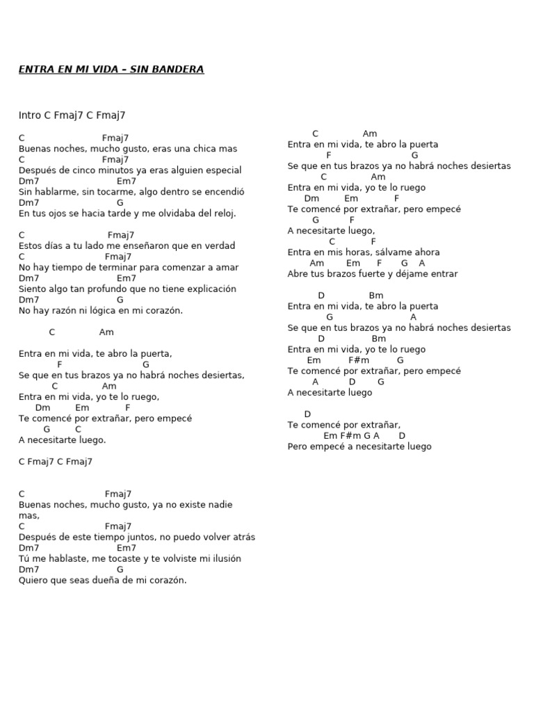 ACORDES ENTRA EN MI VIDA - SIN BANDERA | PDF