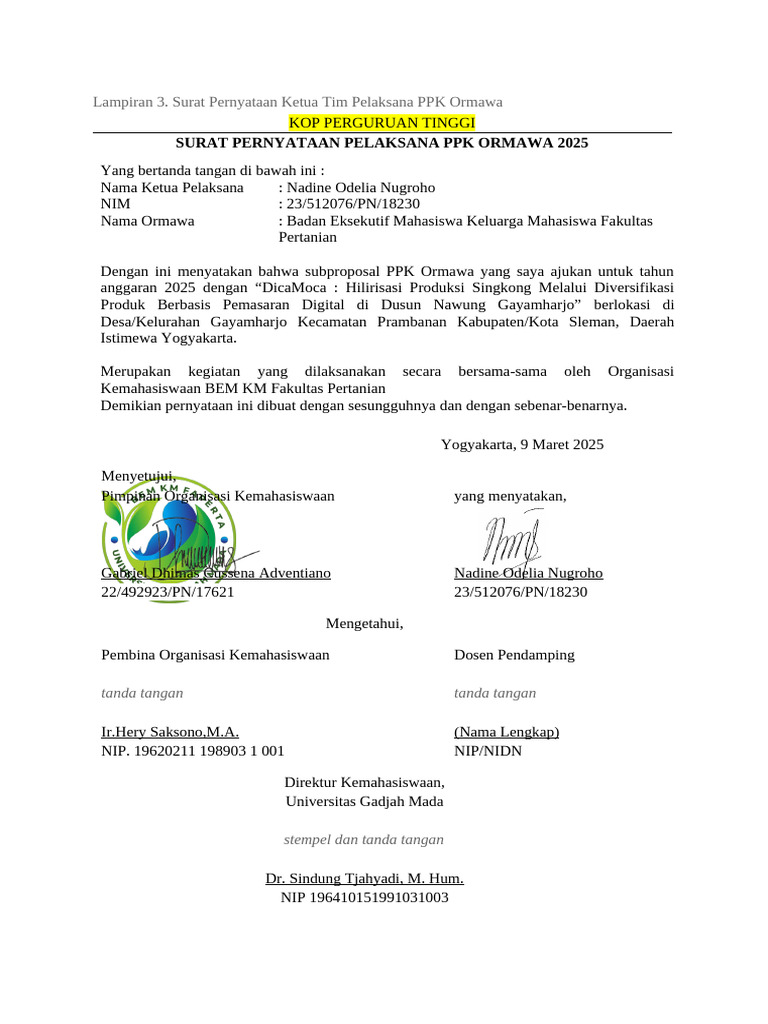 Surat Pernyataan Pelaksana PPK Ormawa 2025 | PDF
