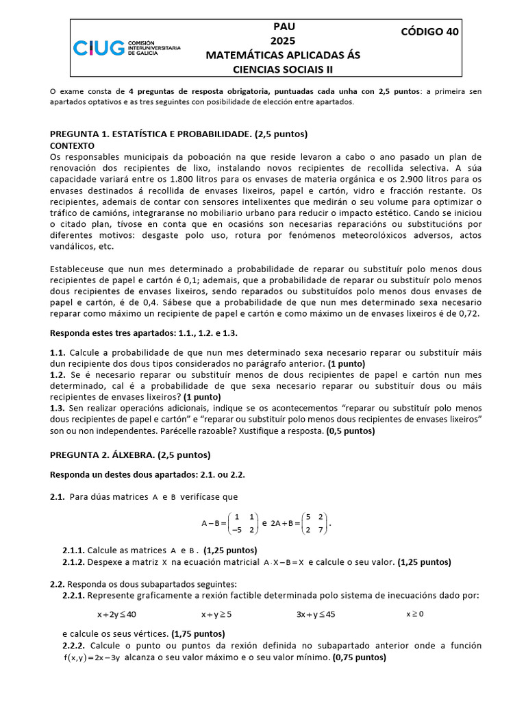 Modelo Pau Matematicas Aplicadas Pau 2025 | PDF