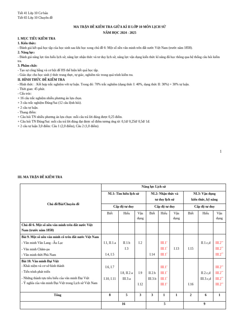MA TRẬN KTGK 2 LỚP 10 (2024-2025) | PDF