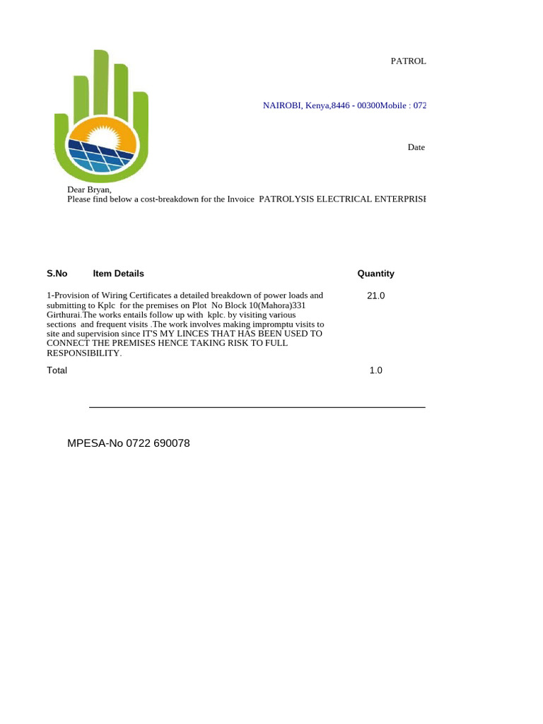 Copwey of Wiring Certificate Invoice Githurai | PDF