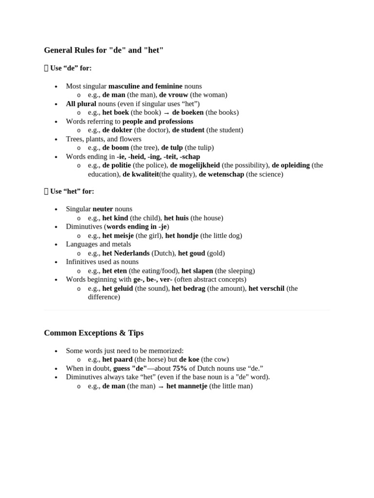 General Rules For "De" and "Het" | PDF
