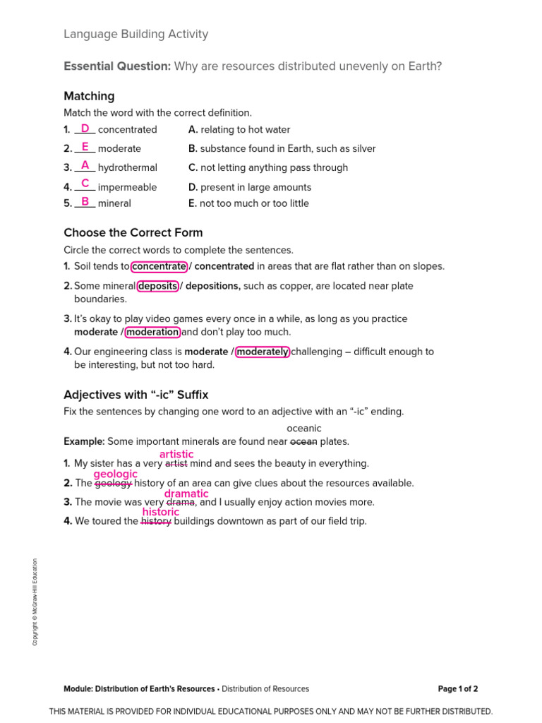Language Building Activity Answer Key - Distribution of Resources | PDF ...