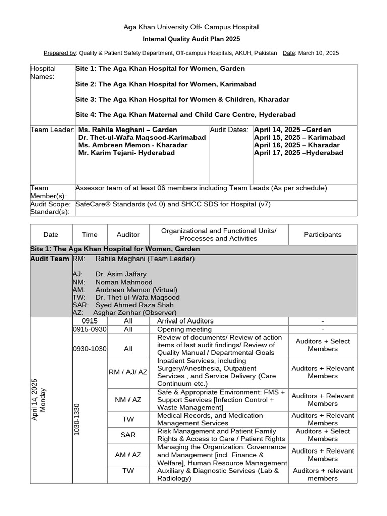 IQA Plan 2025 (SafeCare and SHCC) | PDF | Audit | Hospital