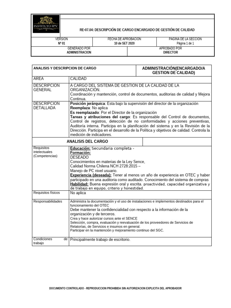 Descripción del Cargo: Encargado de Calidad | PDF | Sistema de manejo ...