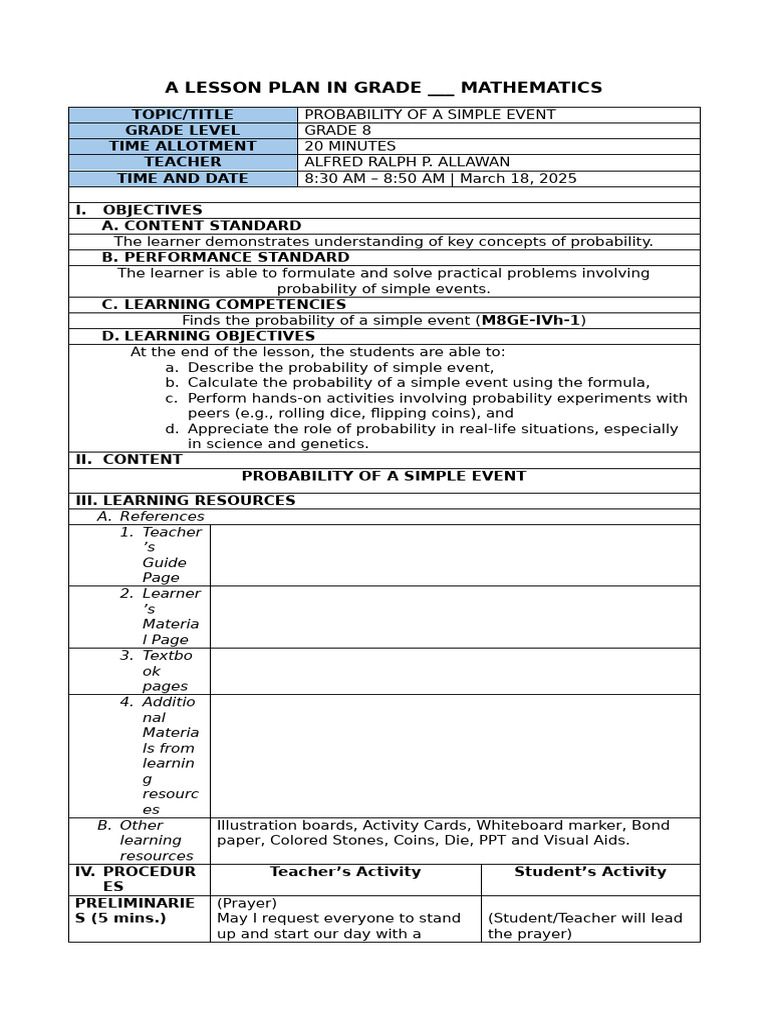 Detailed Lesson Plane Grade 8 - Deped Demo Teaching | PDF | Probability | Odds