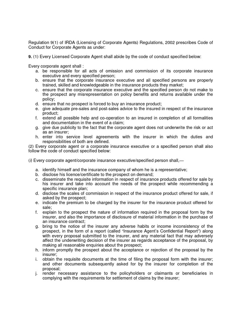Corporate Agents Code of Conduct | PDF | Insurance | Justice