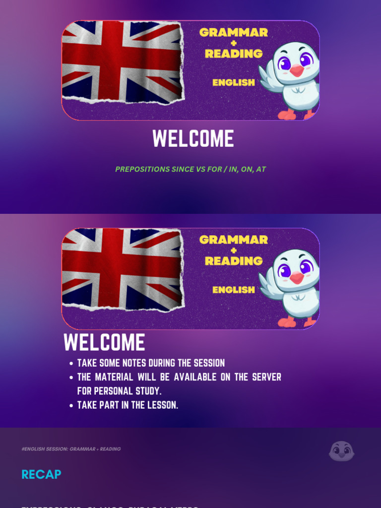 English Session - Prepositions Since vs for and in, On, At - The Dove ...