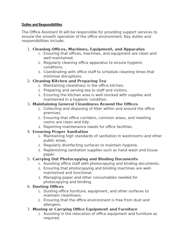 Office Assistant III Duties Overview | PDF | Hygiene | Sanitation
