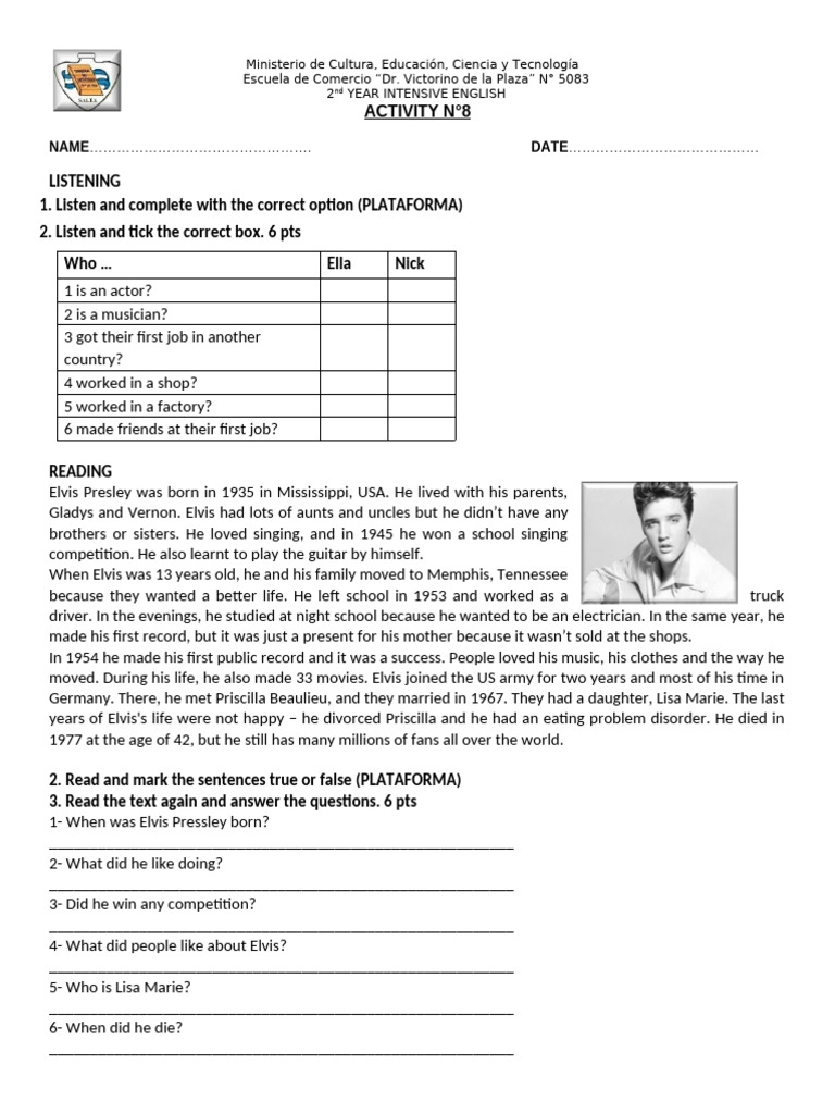 Activity 8 Segundo Año 2024 | PDF | Elvis Presley