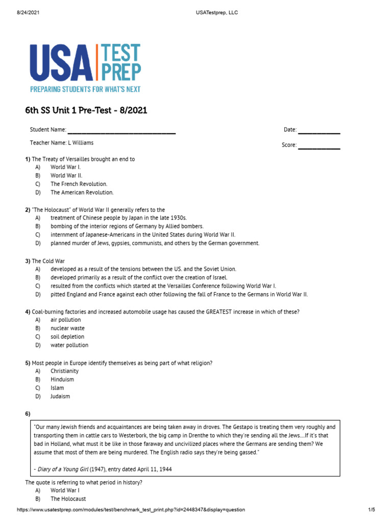European History Pre-Test Questions | PDF | World War II | Nazi Germany