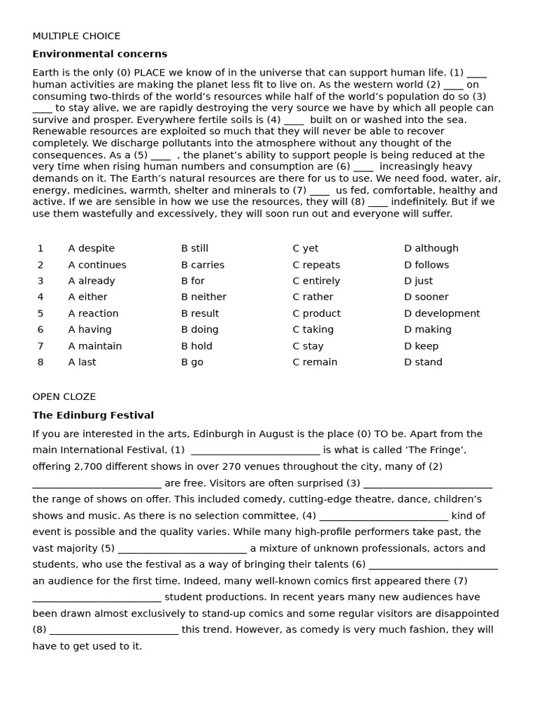 Multiple Choice + Open Cloze | PDF | Nature | Environment
