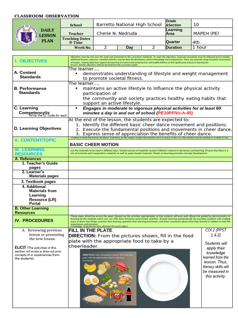 Q4-COT-LP-PE10 (Basic Cheer Motion) | PDF | Learning | Teachers