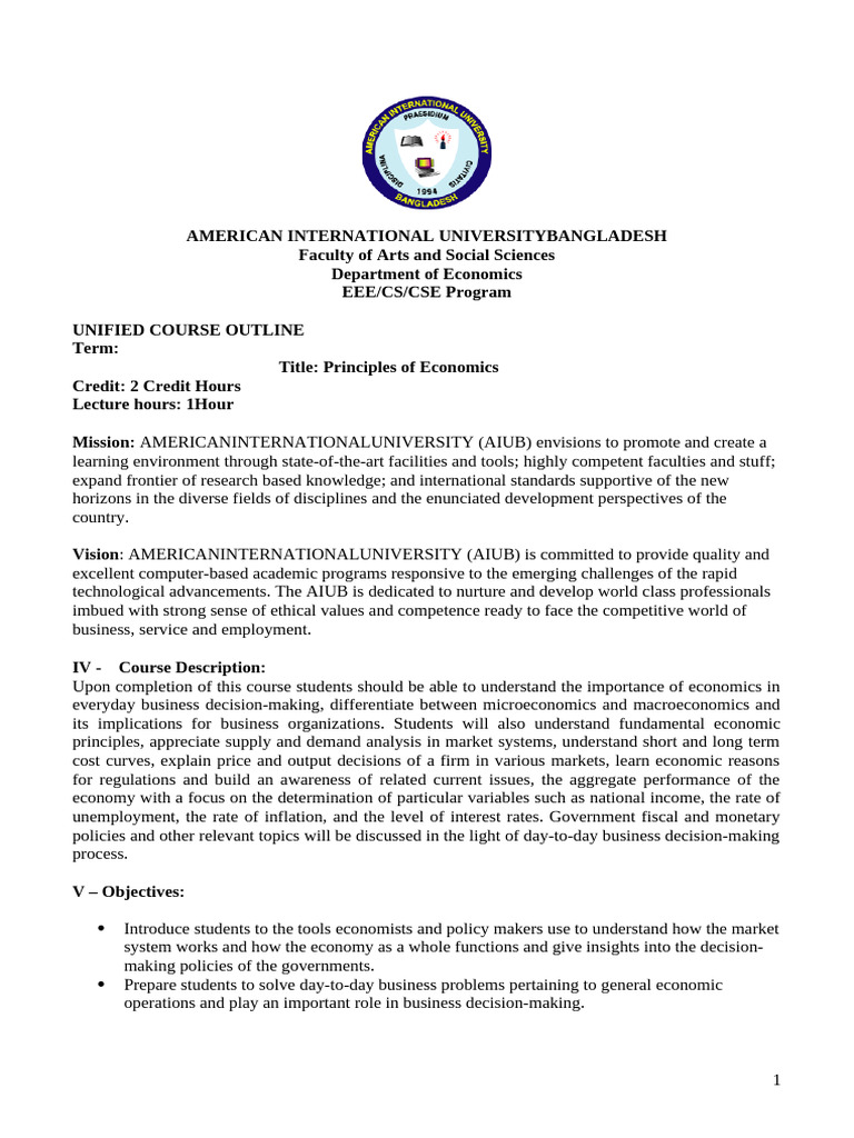 Principles of Economics Course Outline | PDF | Cost Of Living | Economics