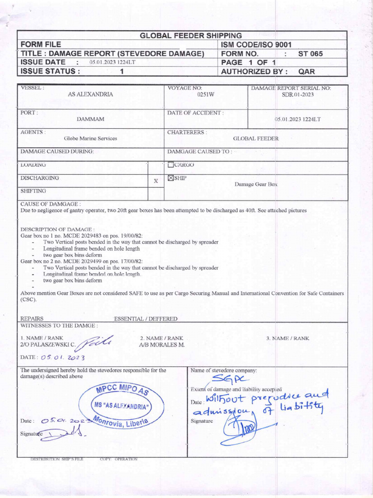 Stevedores Damage Report | PDF