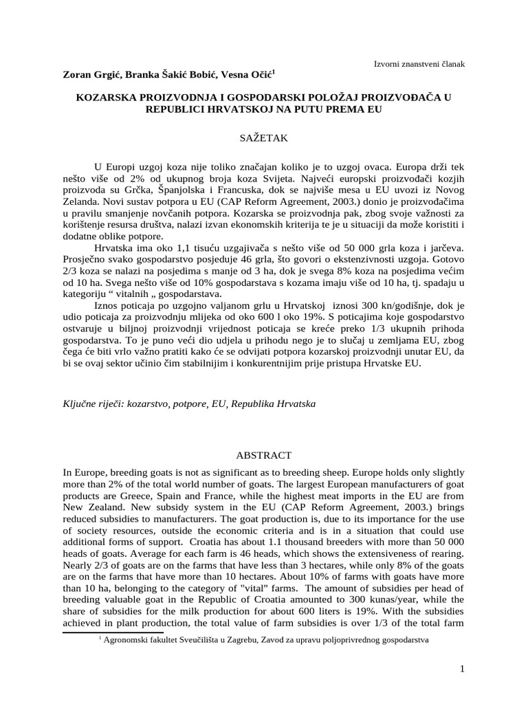 Kozarska Proizvodnja U Republici Hrvatskoj Na Putu U EU | PDF